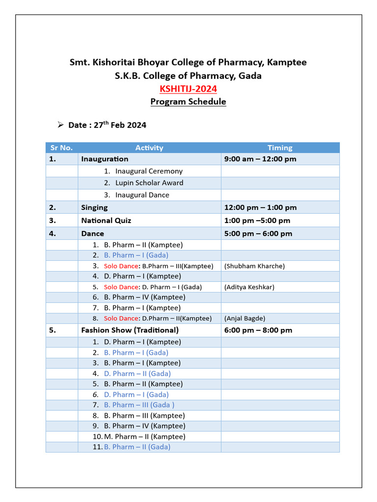 Schedule of Kshitij 2024 | PDF | Qualifications | Pharmaceutical Sciences