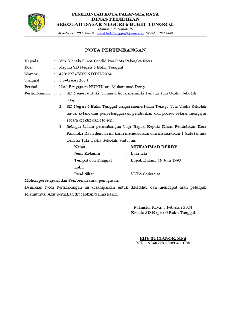 Nota Pertimbangan Nuptk Muhammad Derry | PDF