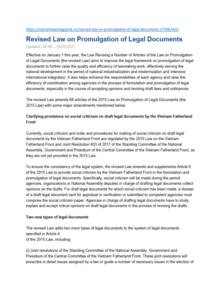 Revised Law On Promulgation of Legal Documents | PDF | Finance & Money ...