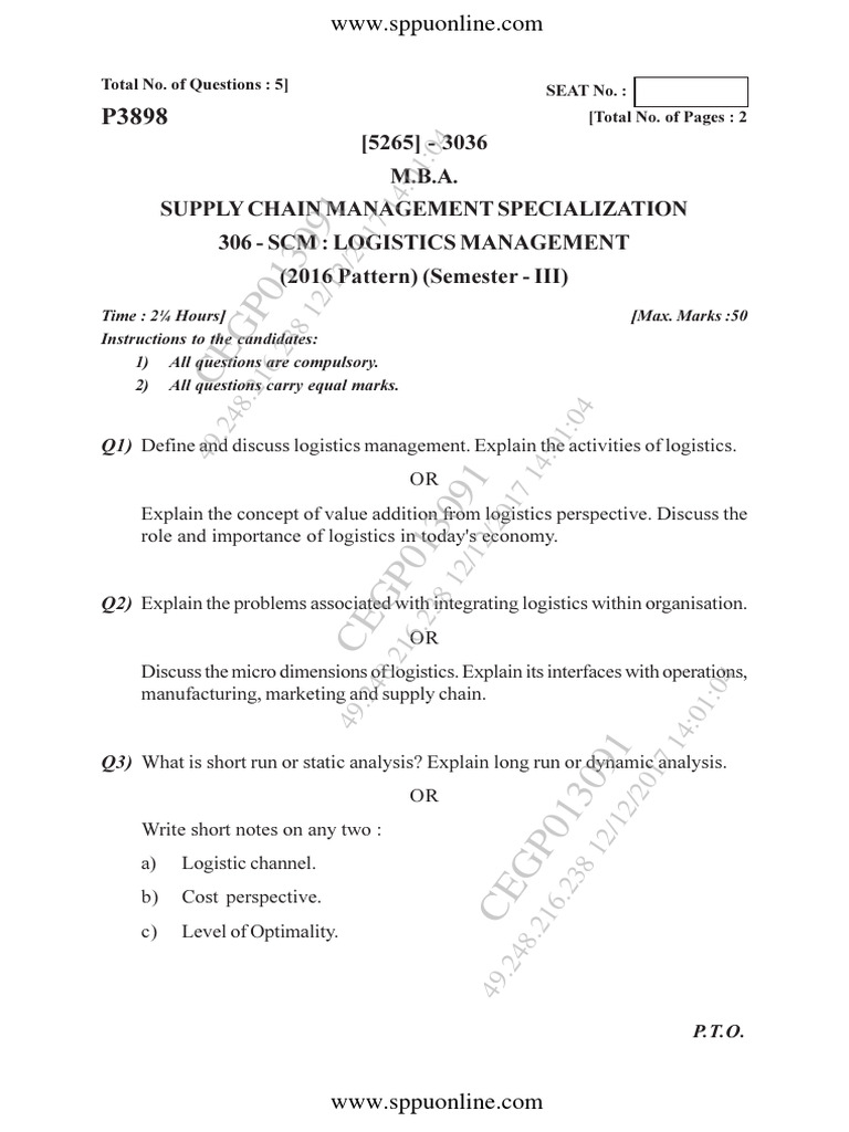 Mba 3 Sem Logistics Management Dec 2017 | PDF