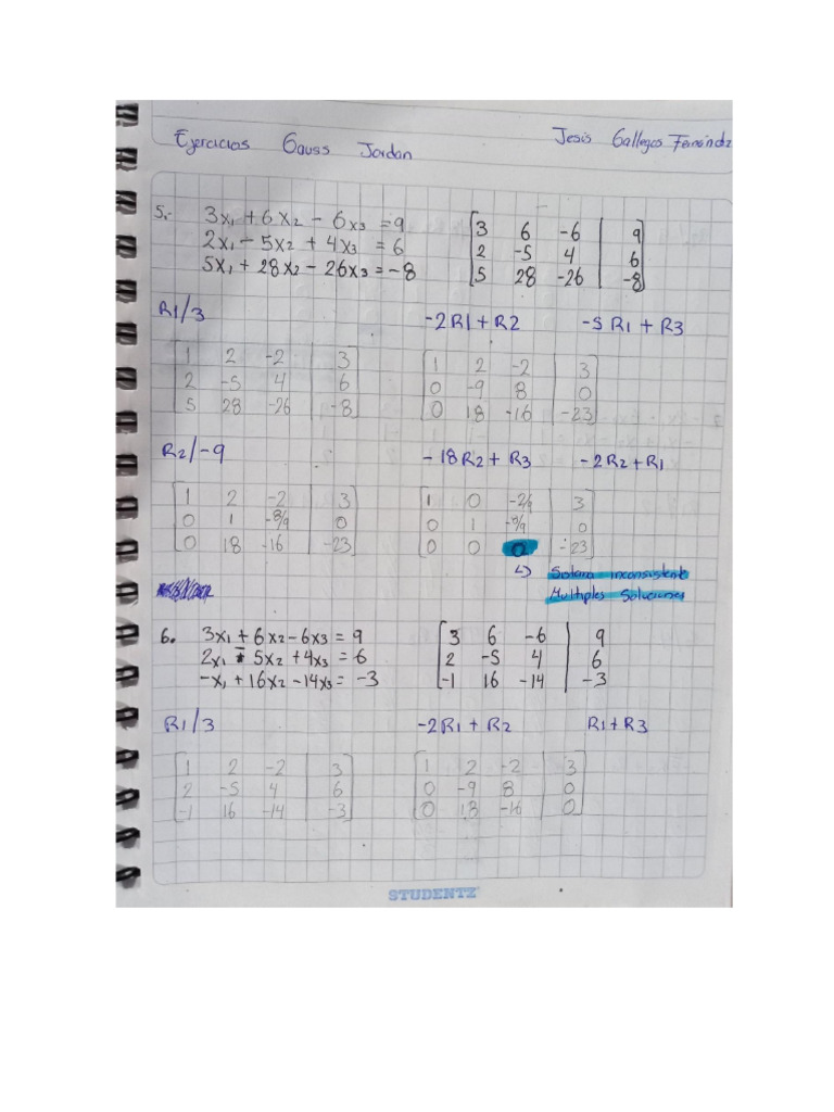 Ejercicios Gauss Jordan ALgebra Lineal | PDF