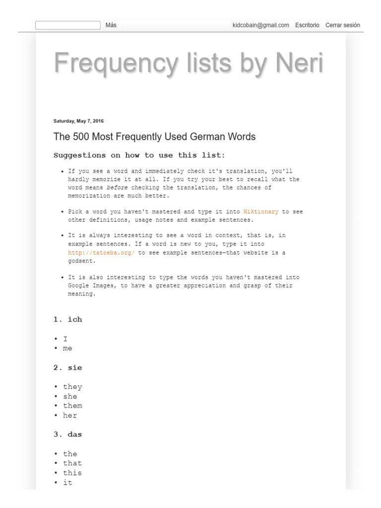 Frequency Lists by Neri - The 500 Most Frequently Used German Words | PDF