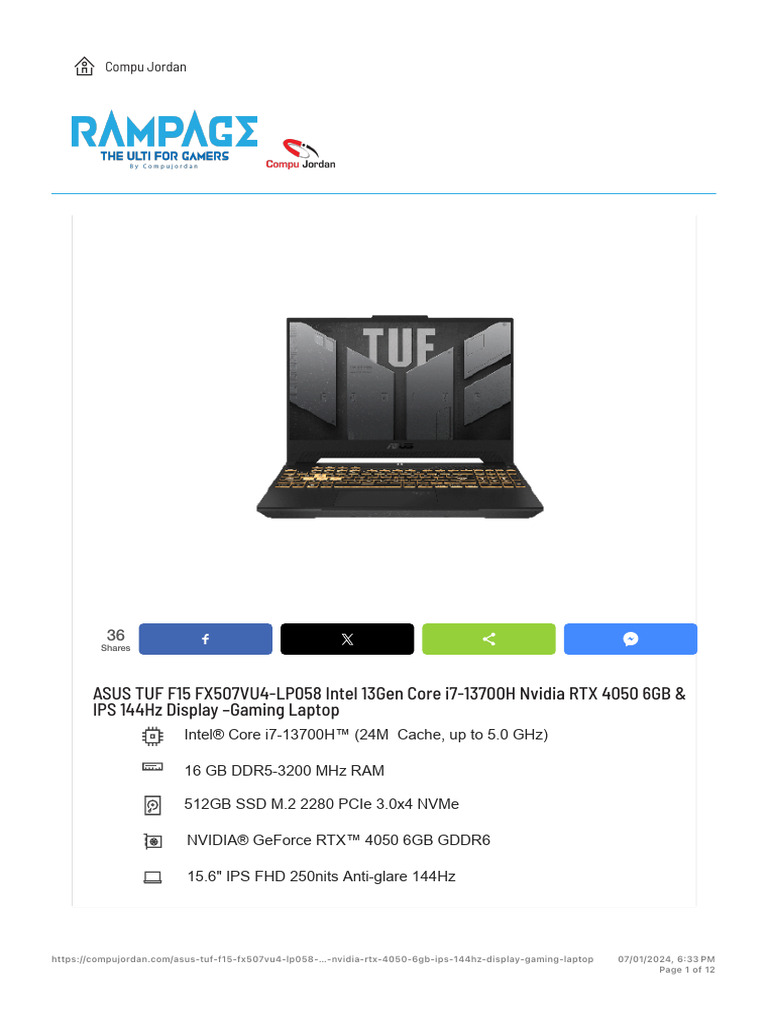 ASUS TUF F15 FX507VU4-LP058 Intel 13Gen Core i7-13700H Nvidia RTX 4050 6GB & IPS | PDF | Laptop ...