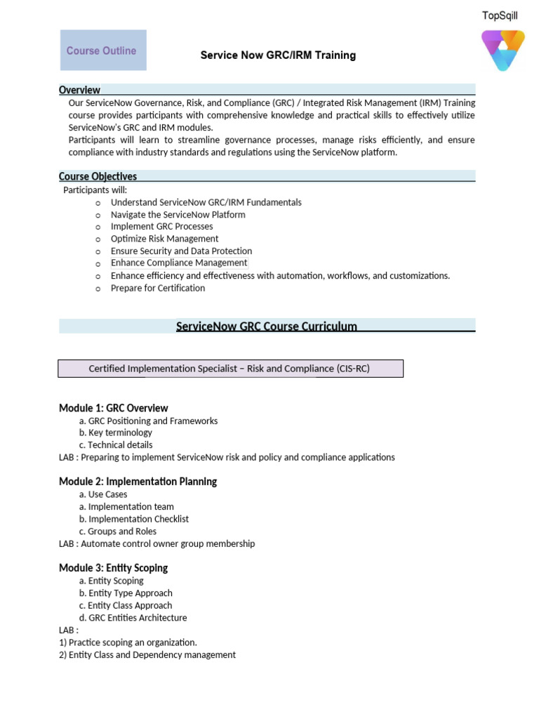 Servicenow Grc Training Course Pdf Audit Regulatory Compliance