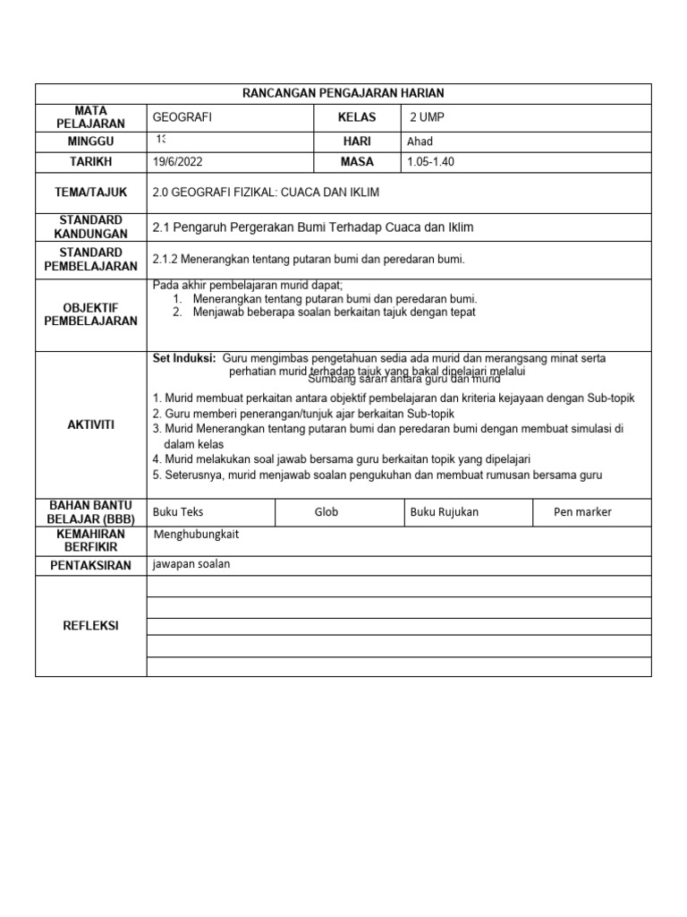 RPH Geo Minggu 11 Tingkatan 2 | PDF