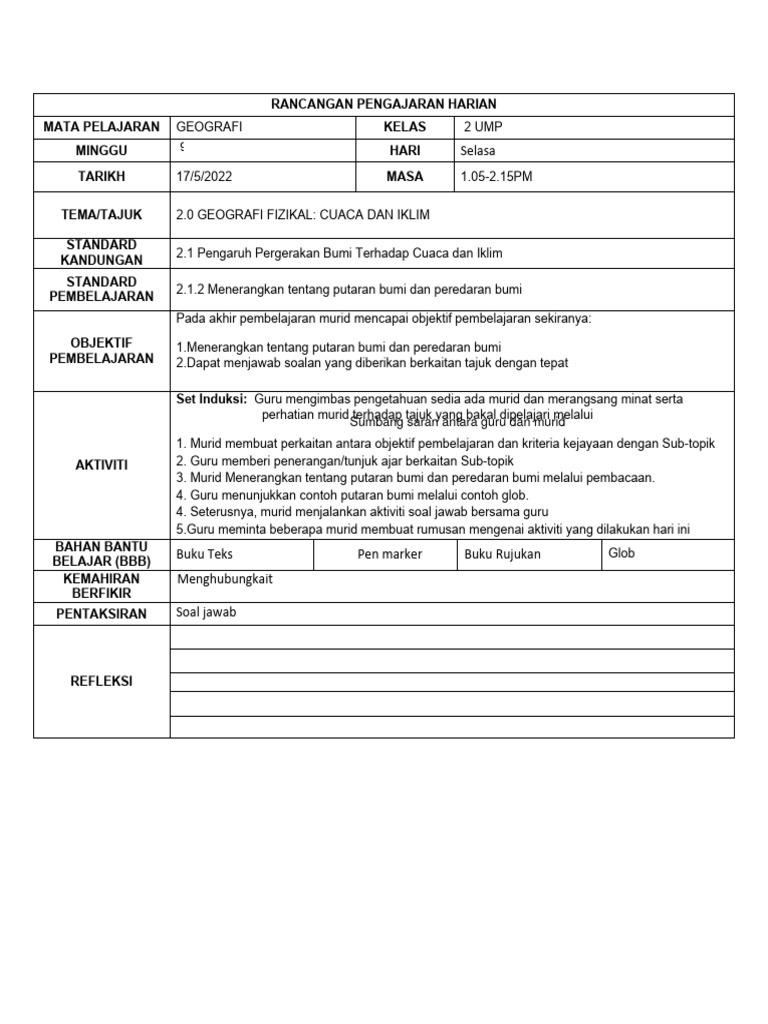 RPH Geo Minggu 10 Tingkatan 2 | PDF
