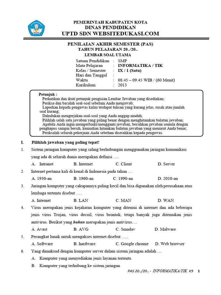 SOAL PAS INFORMATIKA KELAS IX MTSMBBL | PDF | Komputer