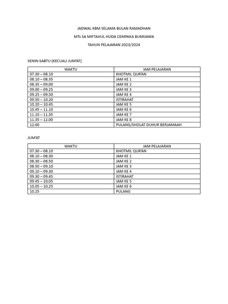 Jadwal KBM Selama Bulan Ramadhan | PDF