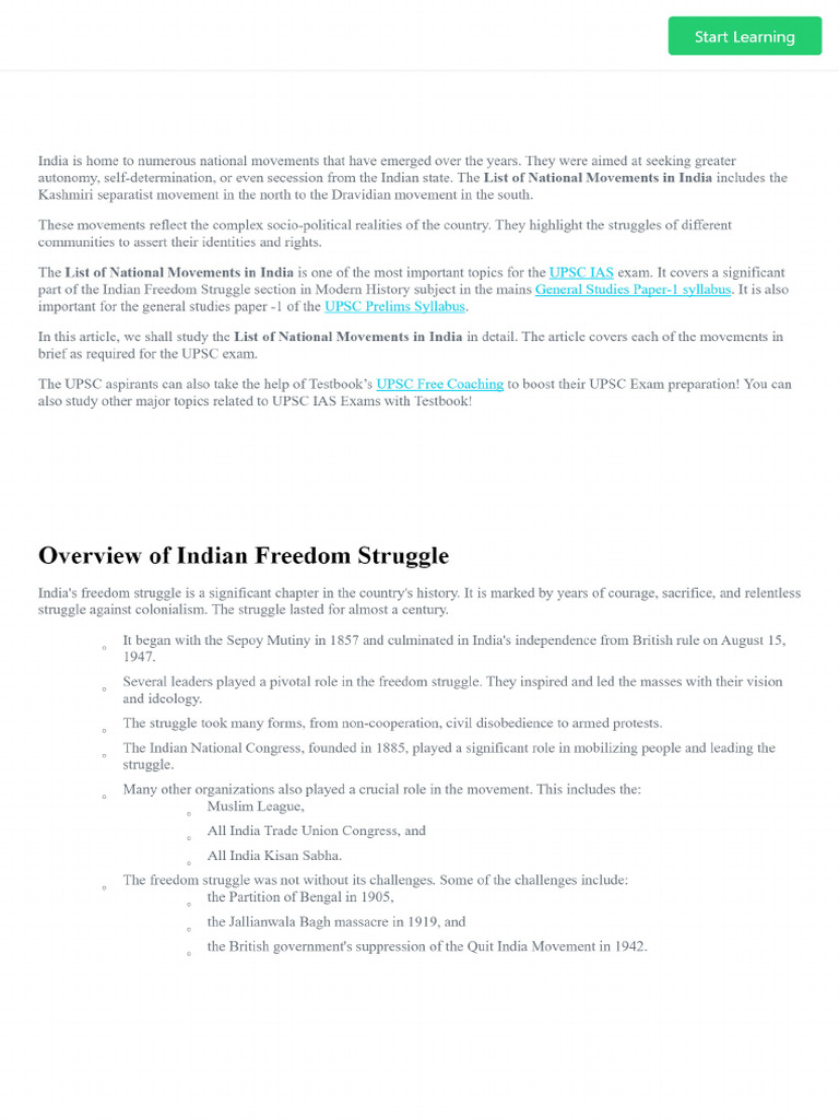 List of Indian National Movements From 1857 To 1947 For Upsc 715d06ae | PDF