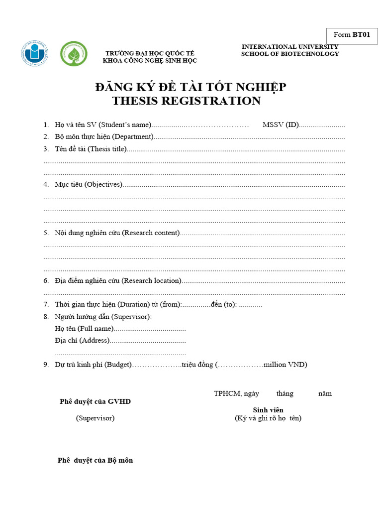 BT01 - Thesis Registration Form | PDF