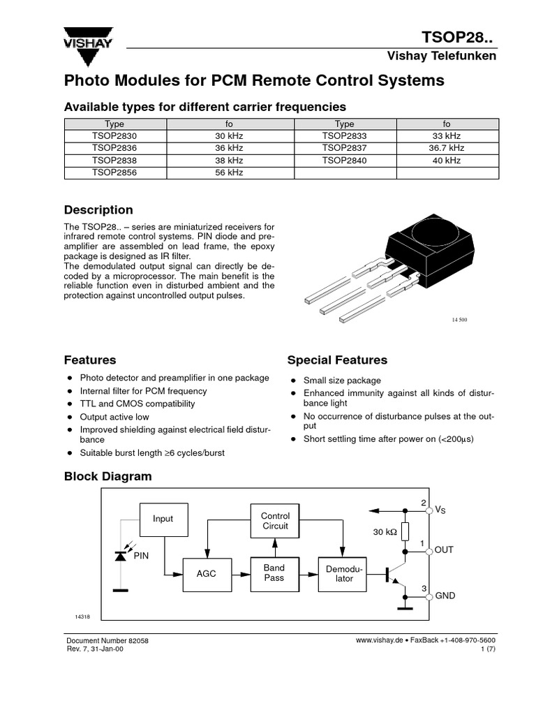 TSOP28..: Vishay Telefunken | Download Free PDF | Detector (Radio ...