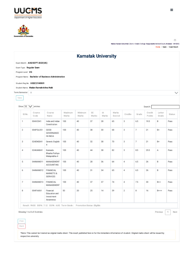BBA Exam Results for Madan Naik 2023 | PDF