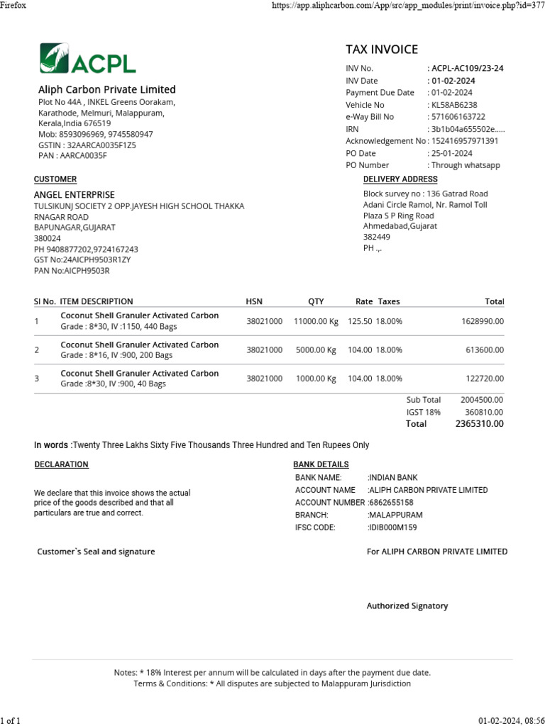 Invoice for Aliph Carbon Pvt Ltd | PDF