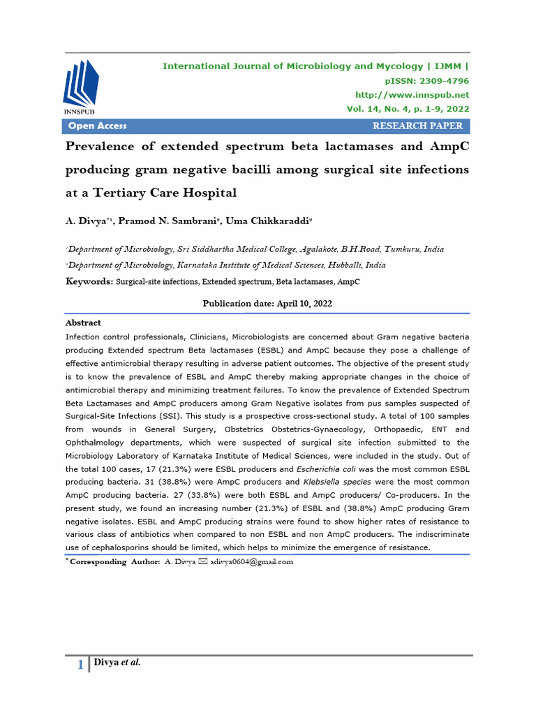 Prevalence of Extended Spectrum Beta Lactamases and AmpC Producing Gram Negative Bacilli Among ...