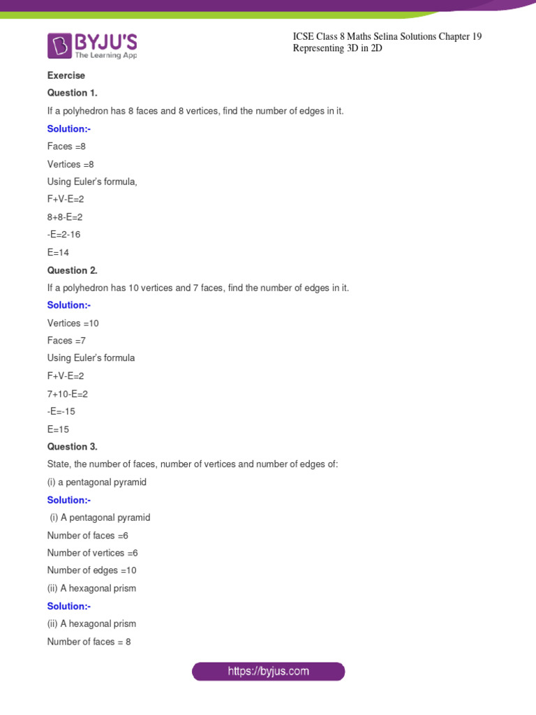 ICSE Class 8 Maths Selina Solutions Chapter 19 Representing 3D in 2D | PDF