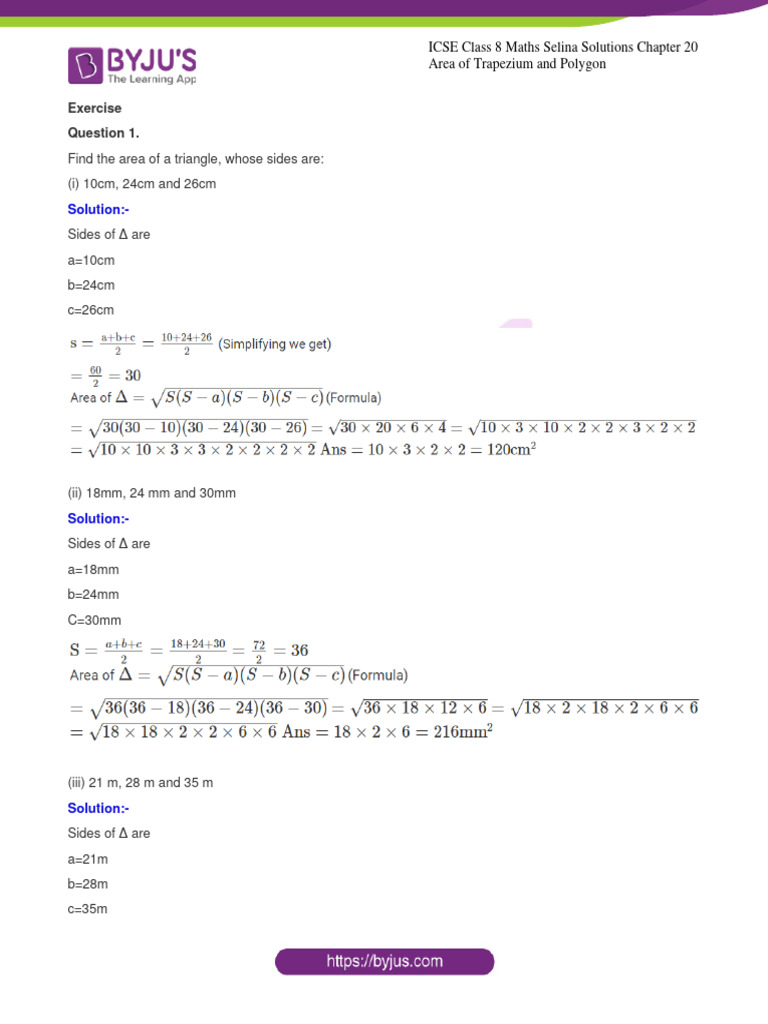 ICSE Class 8 Maths Selina Solutions Chapter 20 Area of Trapezium and Polygon | PDF | Area ...