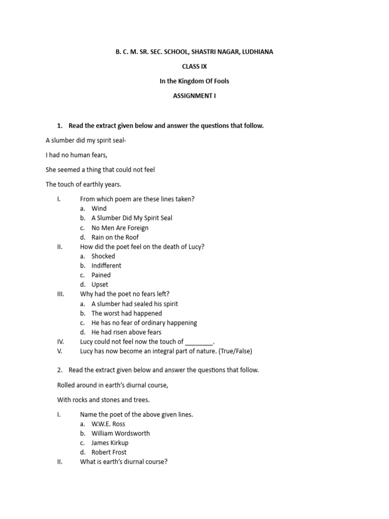 Class IX Poetry Assignment: Wordsworth | PDF