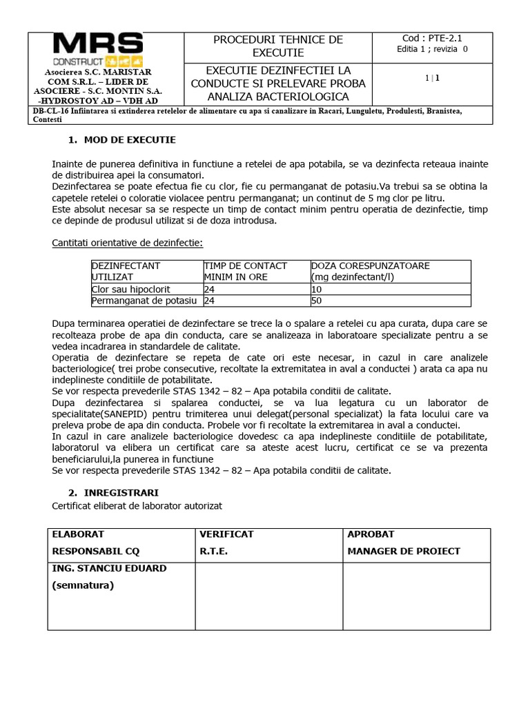 Pte 2.1 Executie Dezinfectie La Conducte - Facut | PDF Pte 2.1 Executie Dezinfectie La Conducte - Facut | PDF