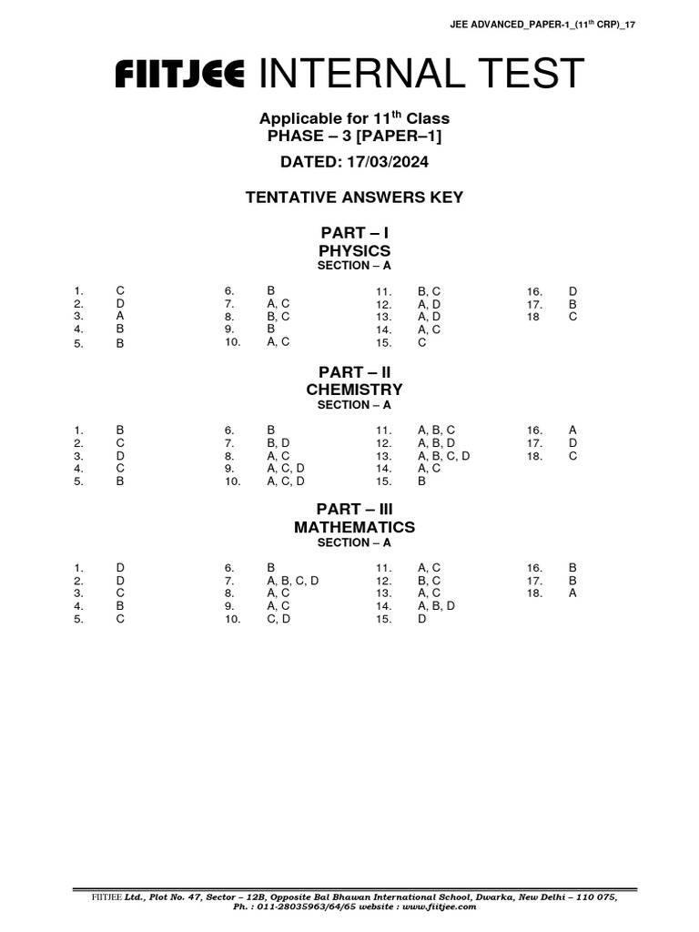11 - Cty 2325 - PT3 - CPT3 - Jee Adv-1 - 17-03-2024 - Ans Key | PDF