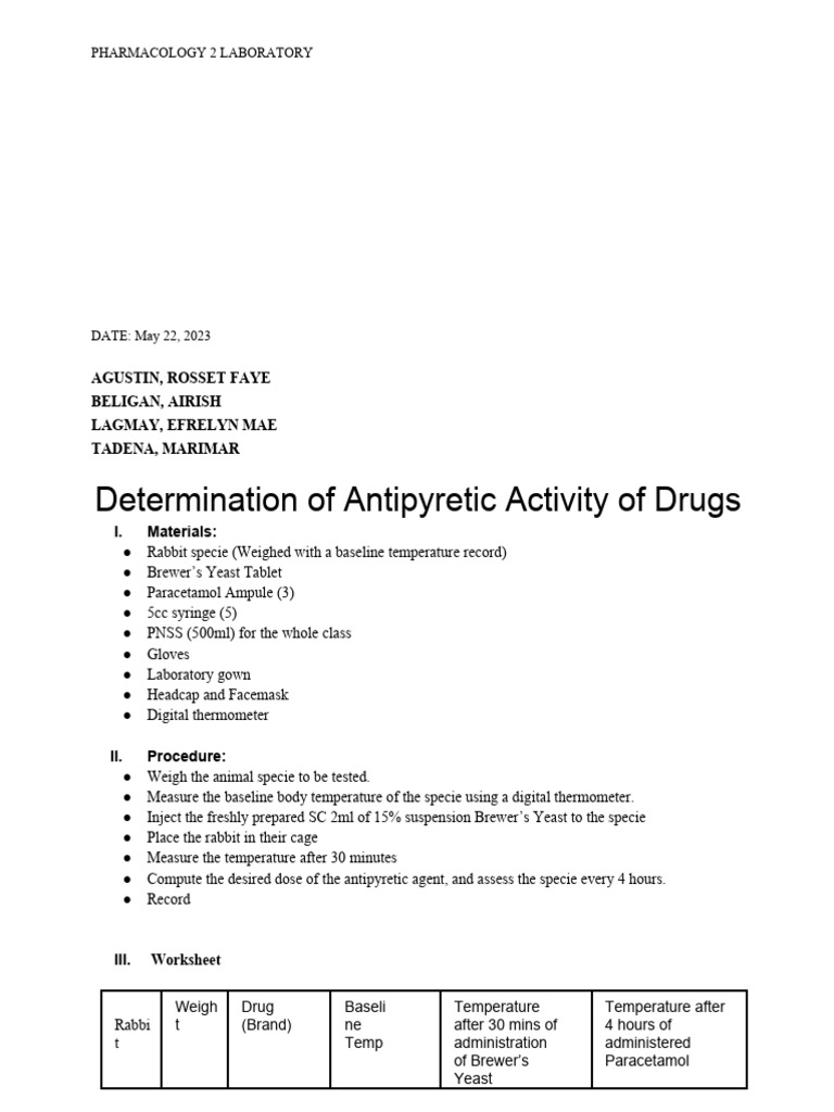 Antipyretic Drug Activity in Rabbits | PDF | Fever | Aspirin