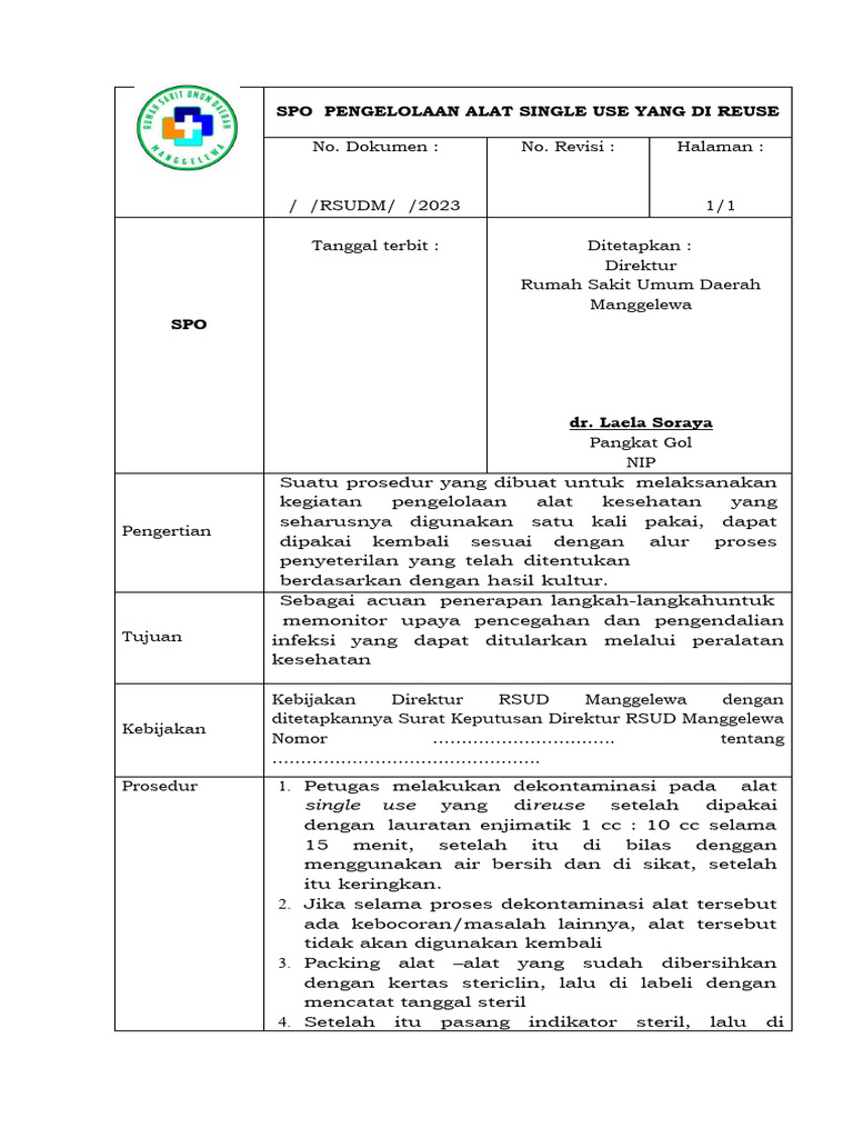 Spo Pengelolaan Alat Single Use Yang Di Reuse 1 | PDF