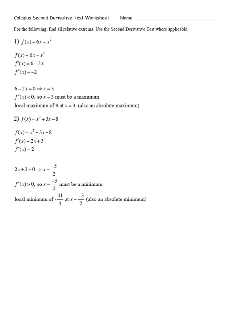 Calculus Second Derivative Test Ws Solutions | PDF