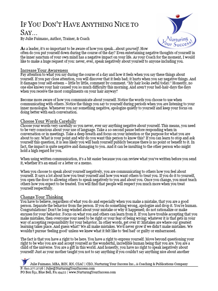 If You Dont Have Anything Nice To Say | PDF | Thought | Behavioural ...