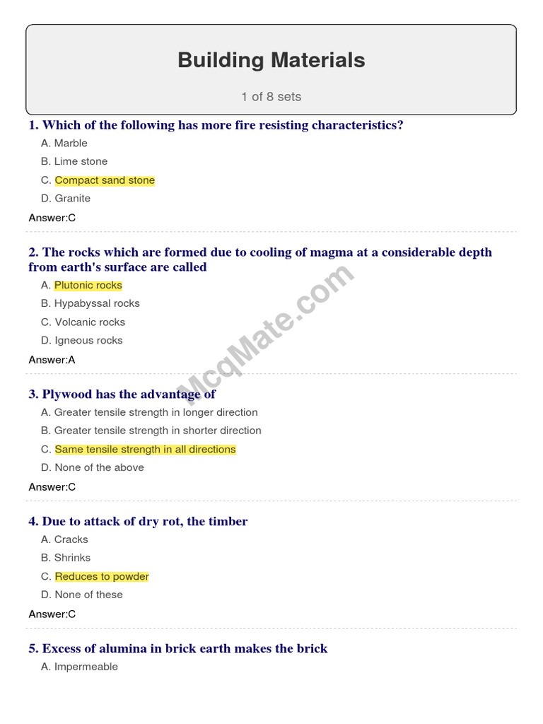 200+ Building Materials MCQ's | PDF