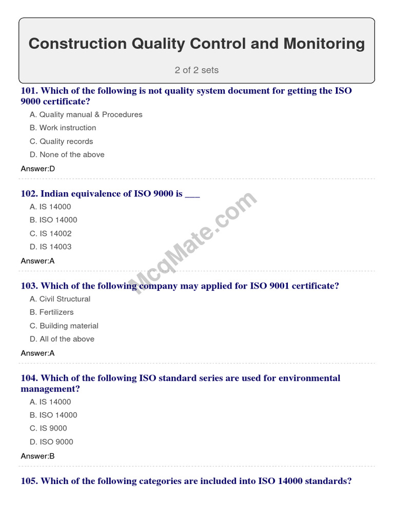 200+ Construction Quality Control and Monitoring (Set 2) MCQs | PDF | Life Cycle Assessment ...