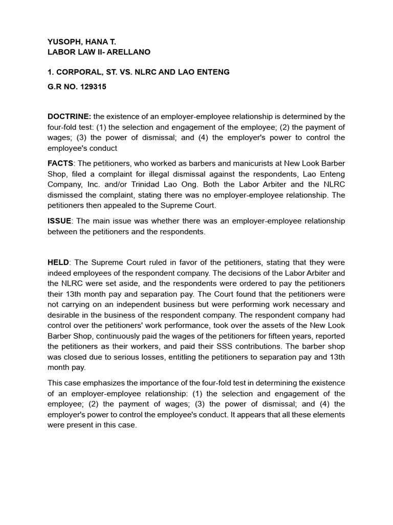 Key Labor Law Cases and Doctrines | PDF | Employment | Overtime