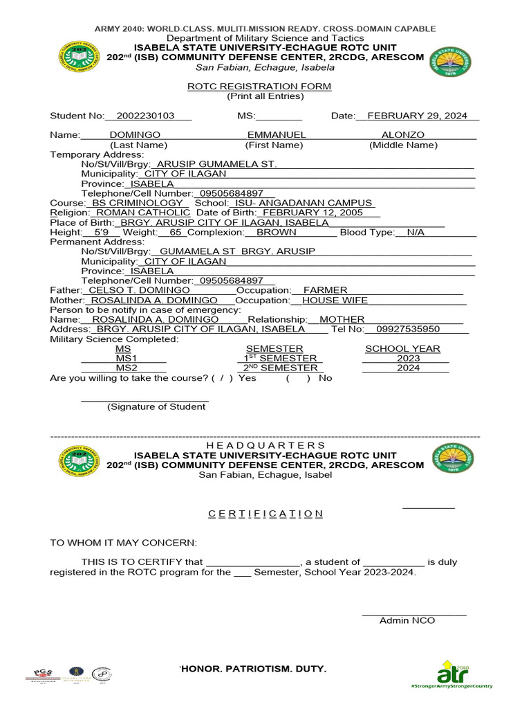 Registration Form ROTC Emmanuel A. Domingo | PDF