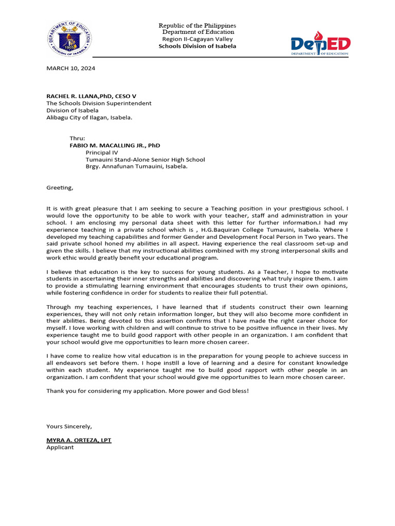 Application Letter Final | PDF | Teachers | Psychological Concepts