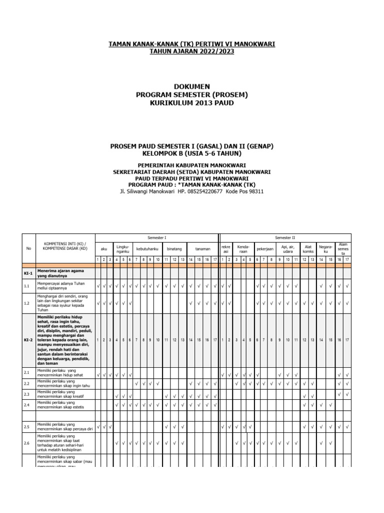 2022-2023 Prosem TK B 5-6 Tahun K13 Semester 1,2 | PDF