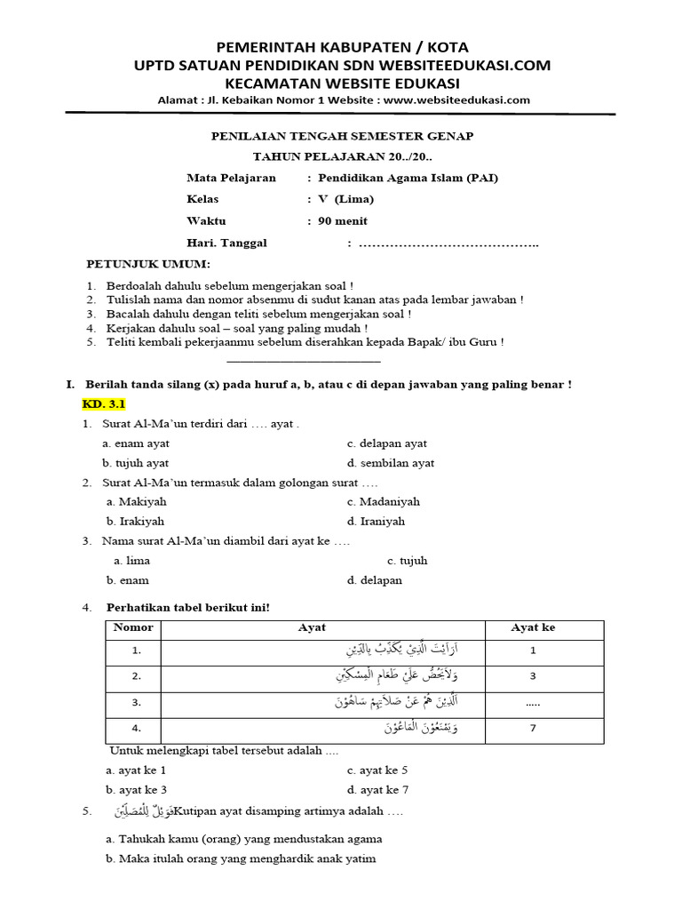 Soal PTS 2 Mapel PAI Kelas 5 | PDF | Seni & Disiplin Bahasa