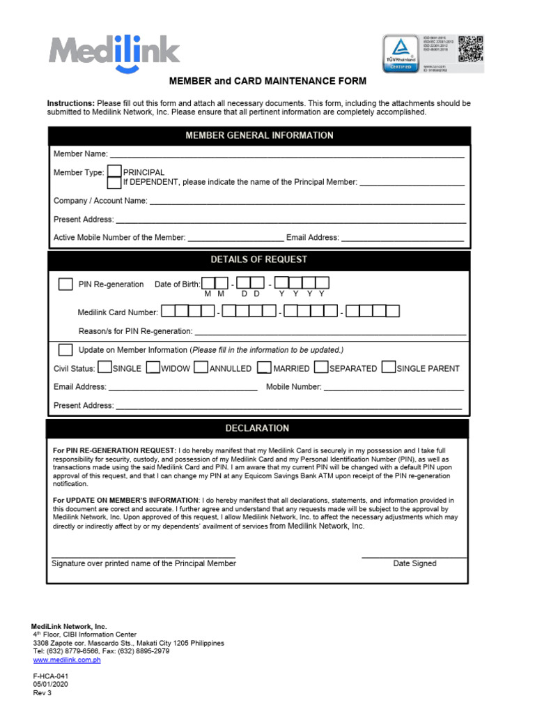 Medilink Member Maintenance Form | PDF | Personal Identification Number ...