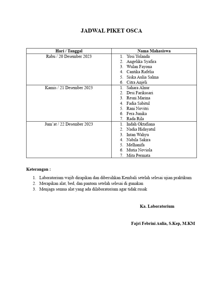 Jadwal Piket Osca | PDF