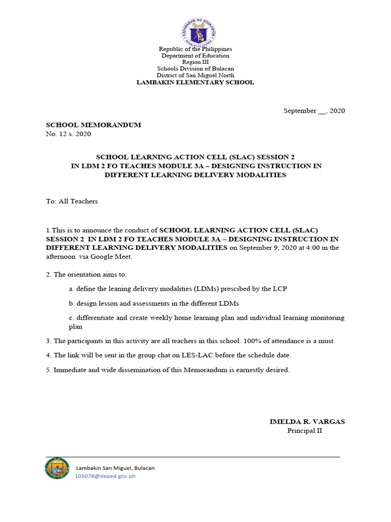 LAC 002 School Memo 1 | PDF | Teachers | Learning