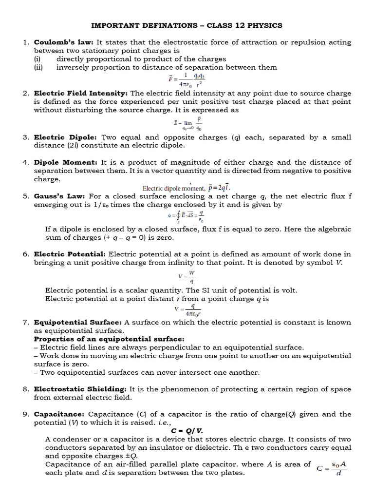 Important Definations - Class 12 Physics | PDF