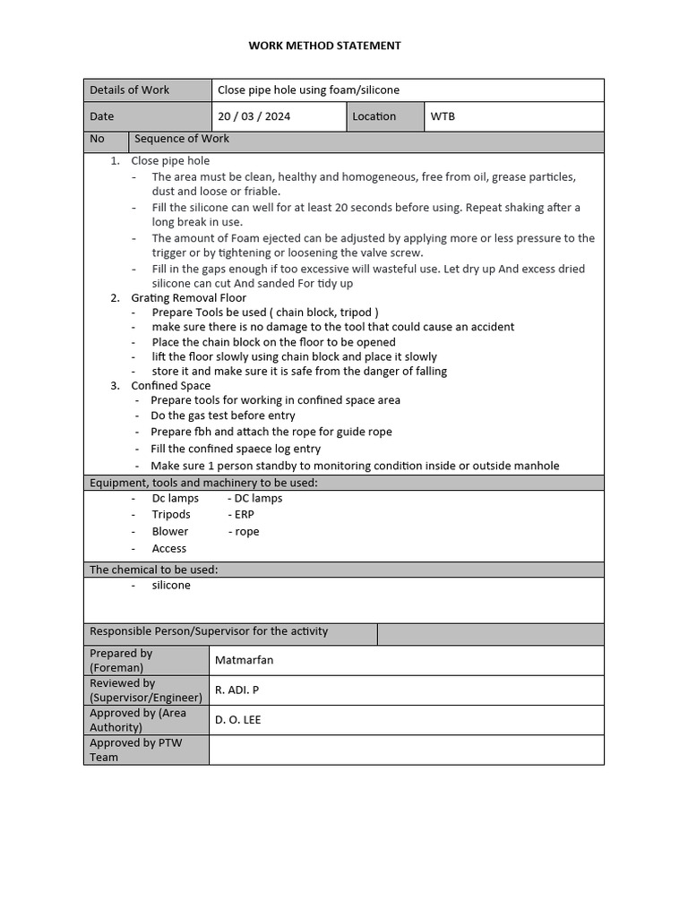 Work Method Statement Sika Foam | PDF