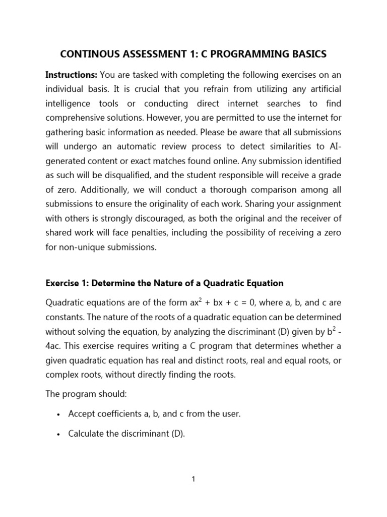 CONTINOUS ASSESSMENT 1- C PROGRAMMING | PDF