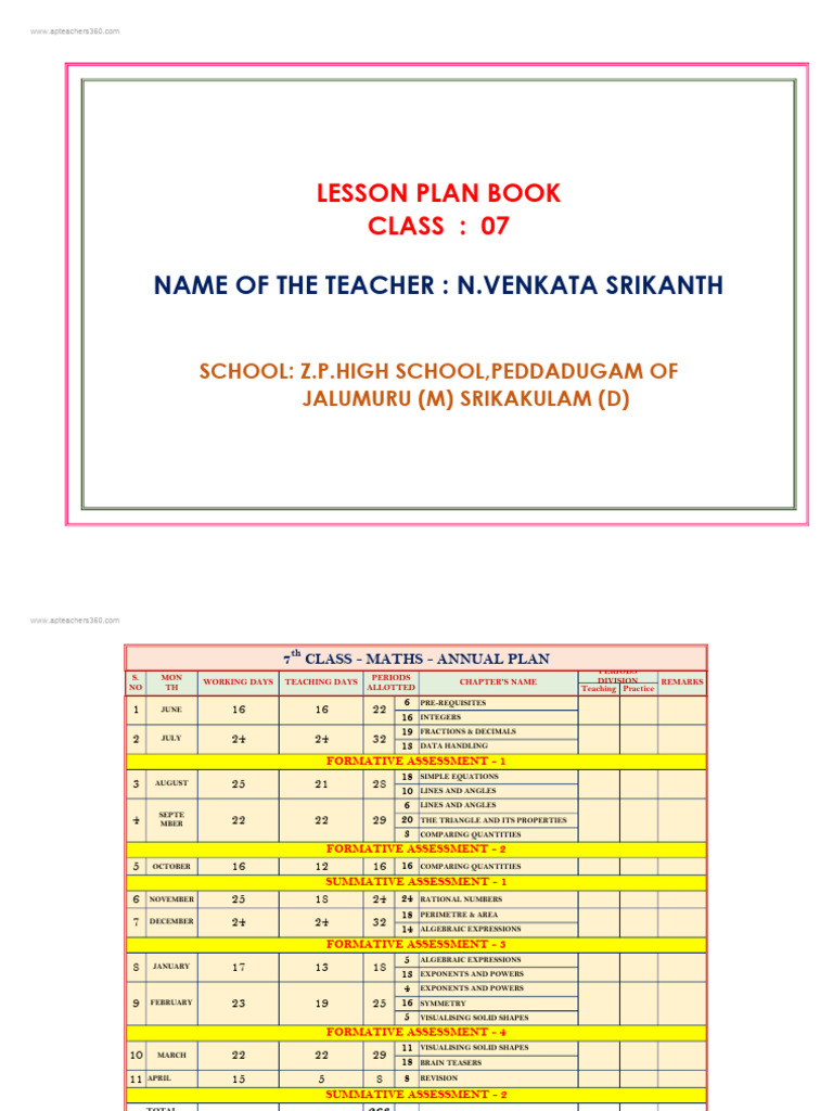 Lesson Plan Book Class: 07: Name of The Teacher: N.Venkata Srikanth | Download Free PDF ...