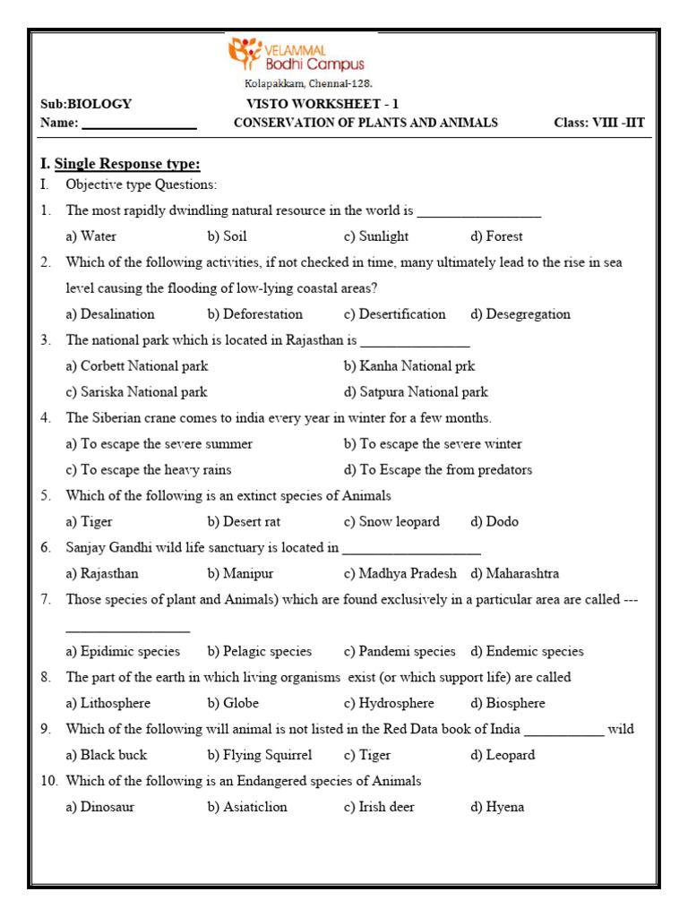 Class 8 Conservation Worksheet | PDF
