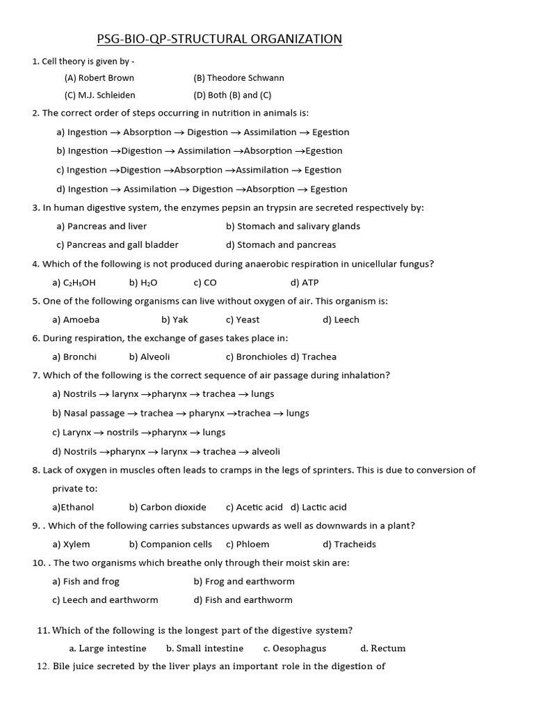 Psg-Bio Qp-Structural Organization | PDF | Digestion | Cellular Respiration
