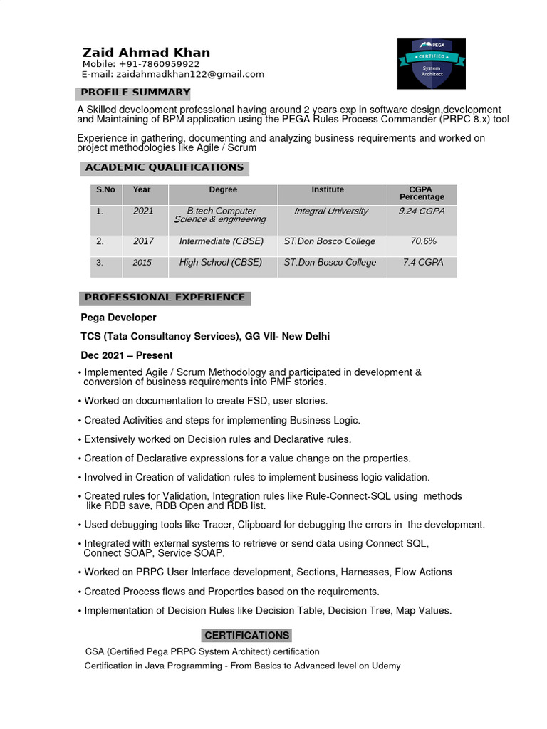 Resume-ZaidKhan - 1705124881075 - Zaid Ahmad Khan | PDF | Computer Programming | Agile Software ...