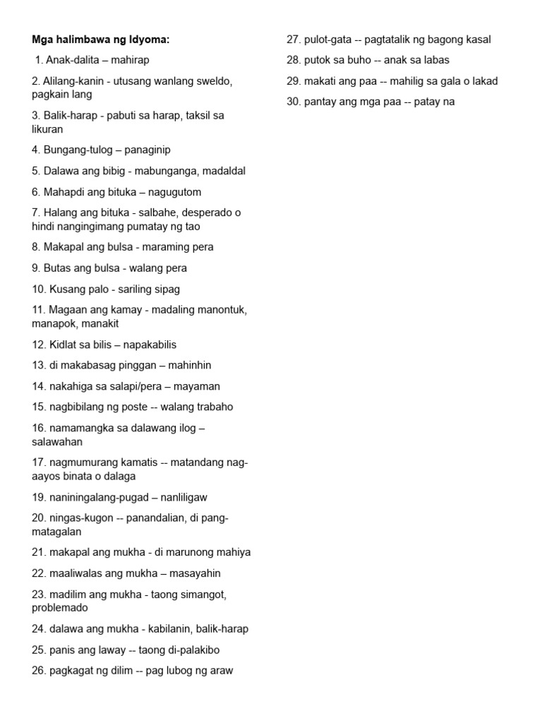 Mga Halimbawa NG Idyoma | PDF