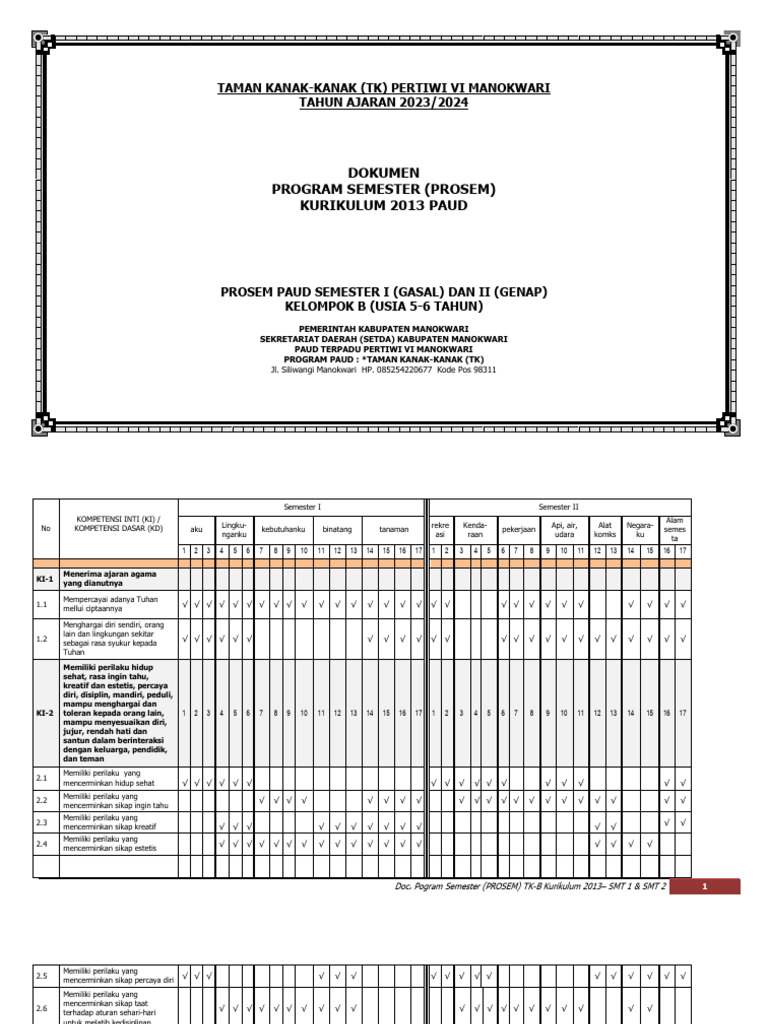 2023-2024 Prosem TK B 5-6 Tahun K13 Semester 1,2 | PDF