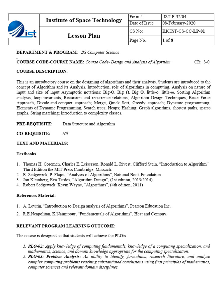 F-32 Lesson Plan - Design and Analysis of Algorithm - Revised | PDF | Mathematical Analysis ...