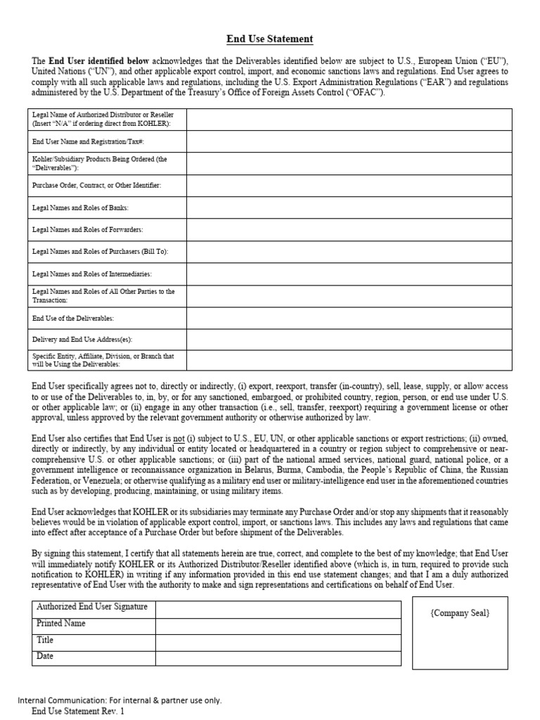 Export Compliance End Use Statement | PDF | Office Of Foreign Assets ...