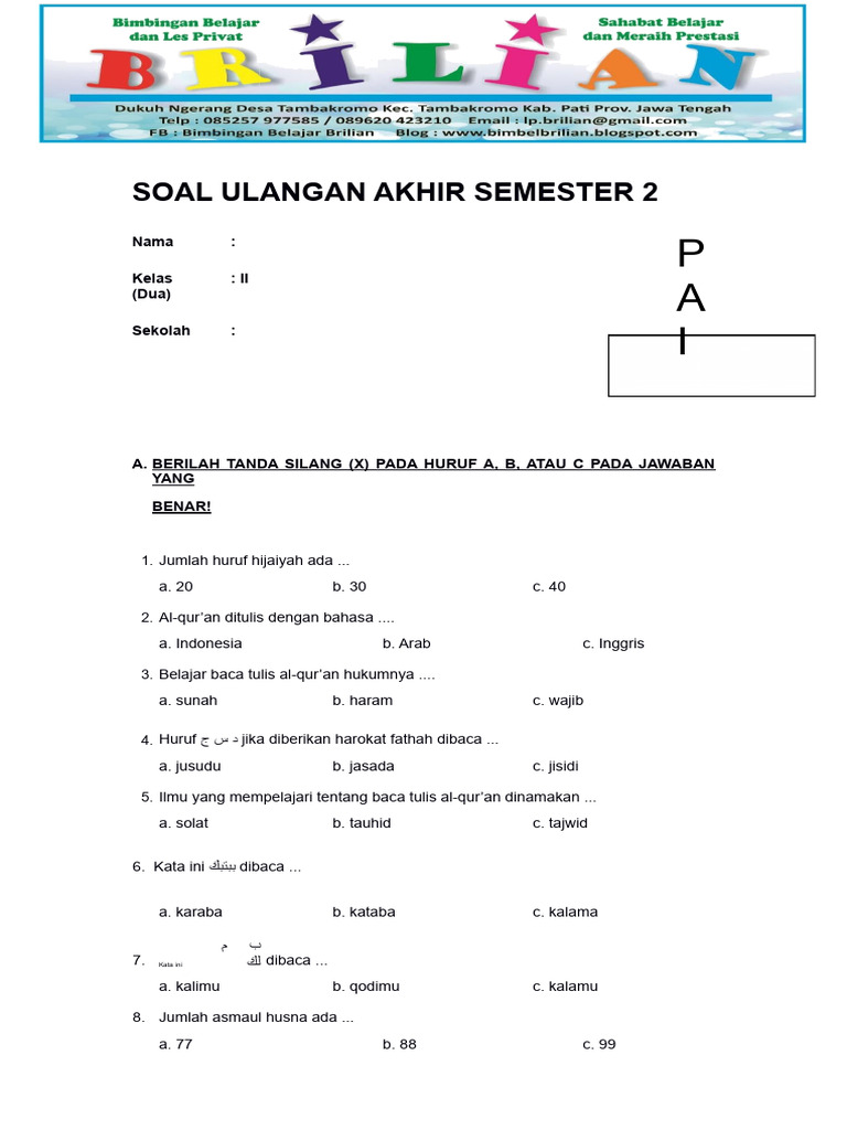 Soal Ulangan Akhir Semester 2: Nama: Kelas: Ii (Dua) Sekolah | PDF