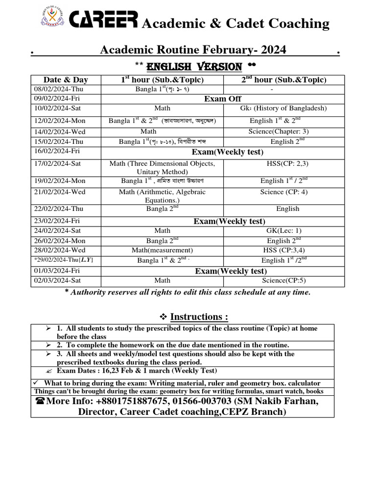 Academic Routine February-2024 (EV & BV) | PDF | Mathematics | Science